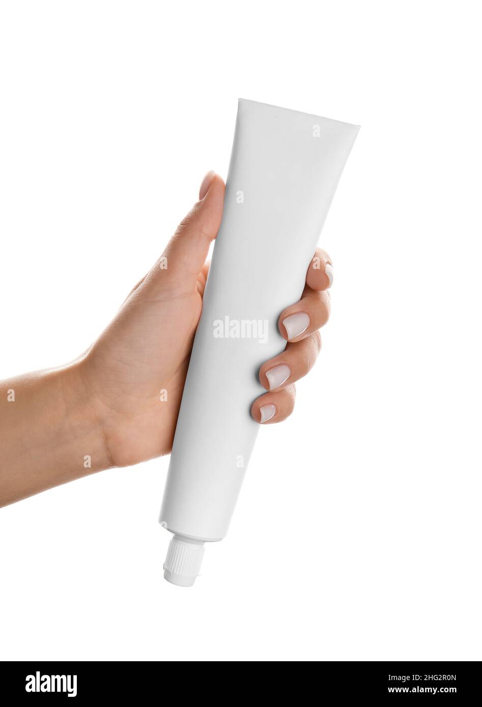 Female hand with toothpaste on white background Stock Photo - Alamy