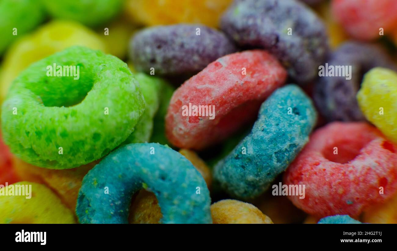 Colorful corn cereal loops. Highly detailed macro close up shot Stock ...