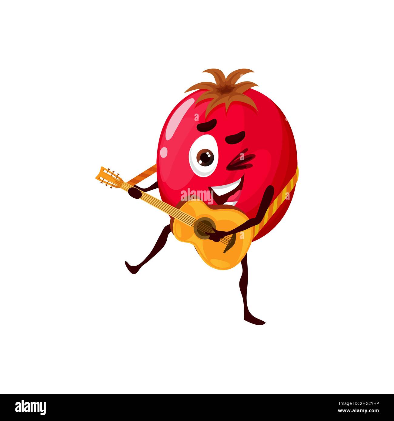 Dog-rose, rosehip or briar berry playing on guitar. Happy smiling ripe berry mascot dancing and ...