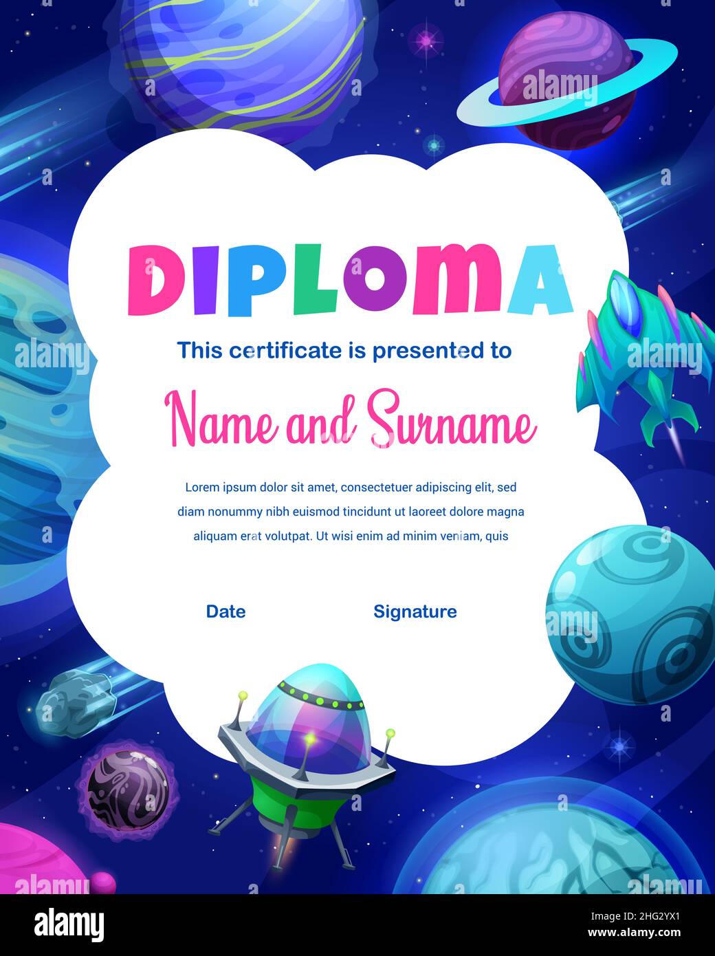 Cartoon blue and azure space planets, asteroids and starship. Kids diploma vector certificate ...