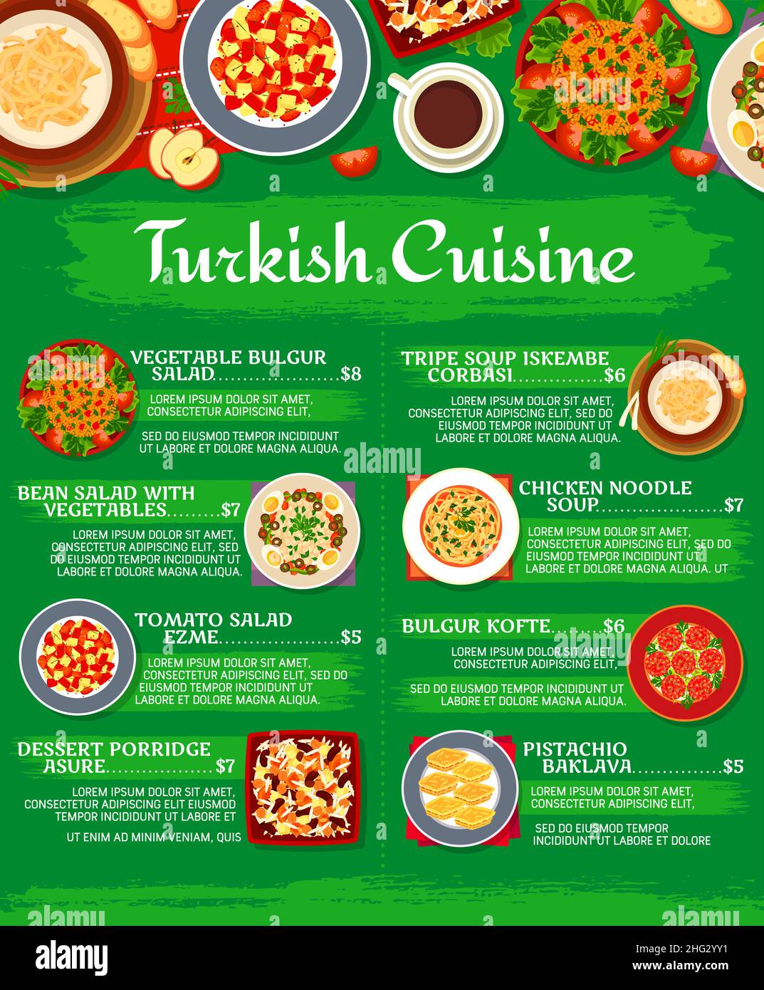 Turkish cuisine menu template for restaurant, lunch food and dinner ...