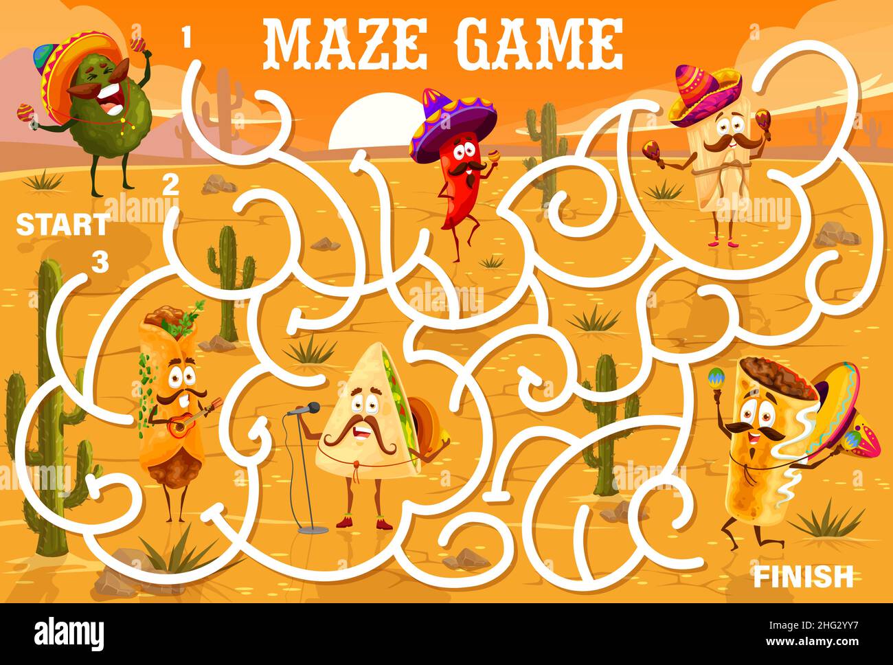 Labyrinth maze game with cartoon mexican food musician characters ...