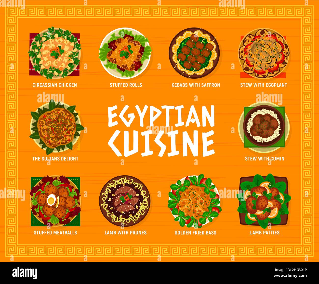 Egyptian cuisine restaurant menu template. Circassian chicken, stuffed ...