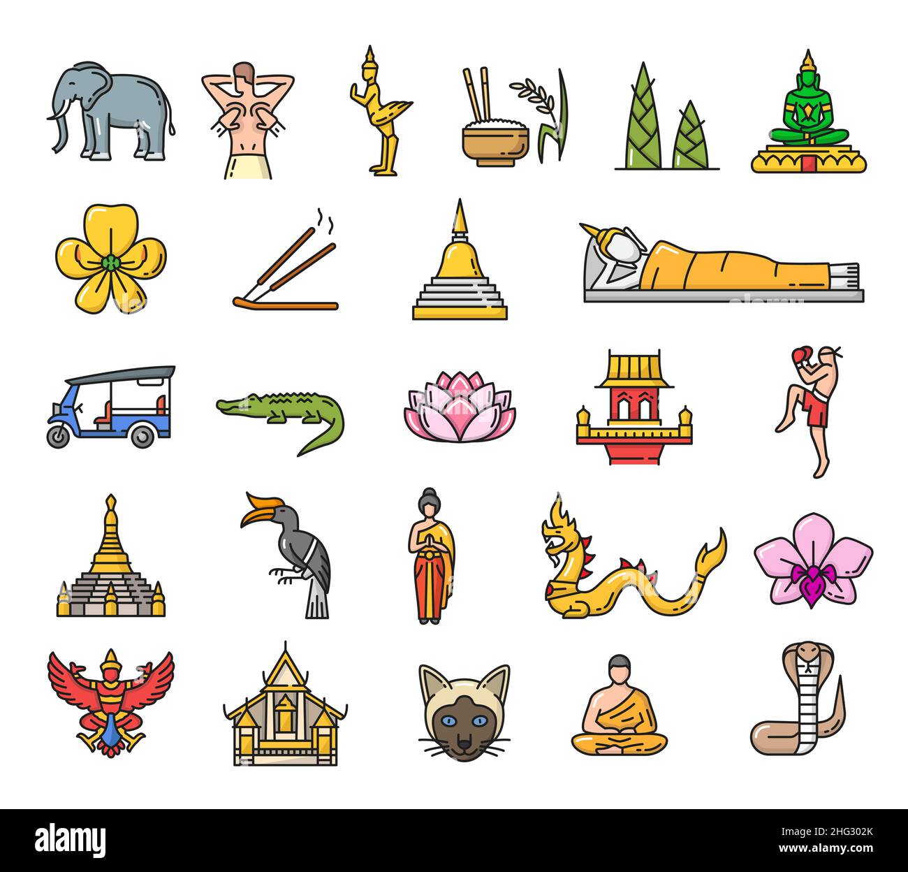 Thailand landmarks, culture and religion line icons. Thai architecture ...