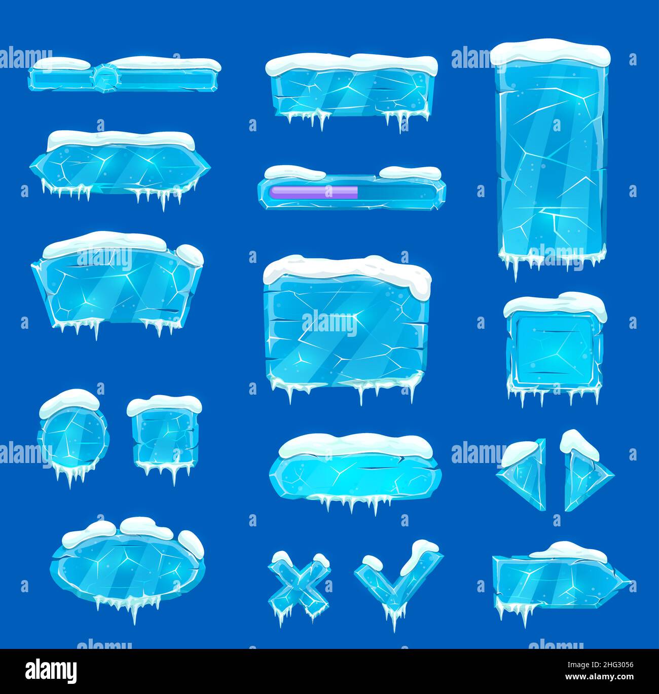 Blue ice crystal buttons, sliders, arrows and keys with snow and ...
