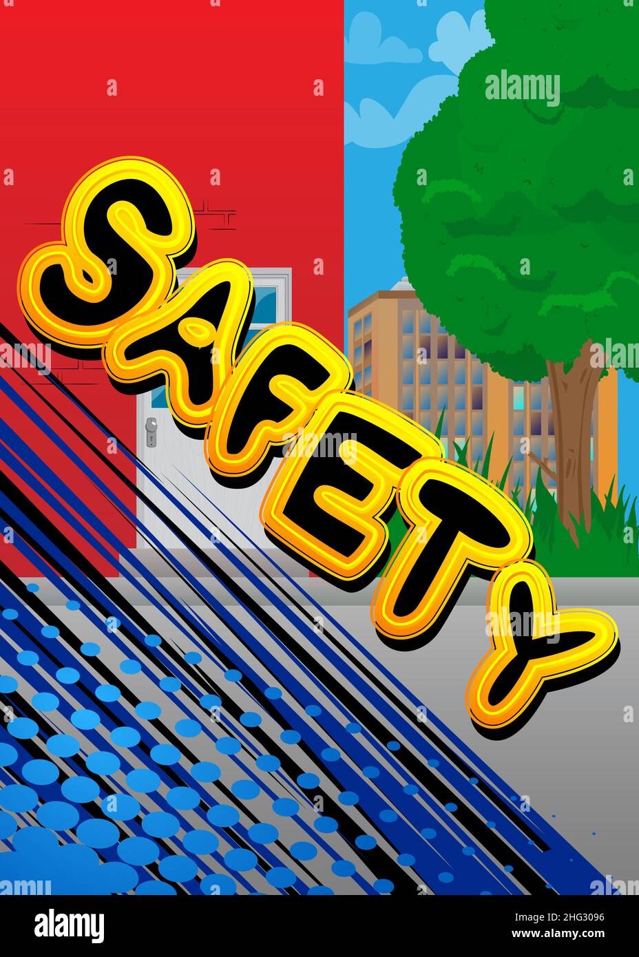 Safety. Comic book word text on abstract comics background. Retro pop ...