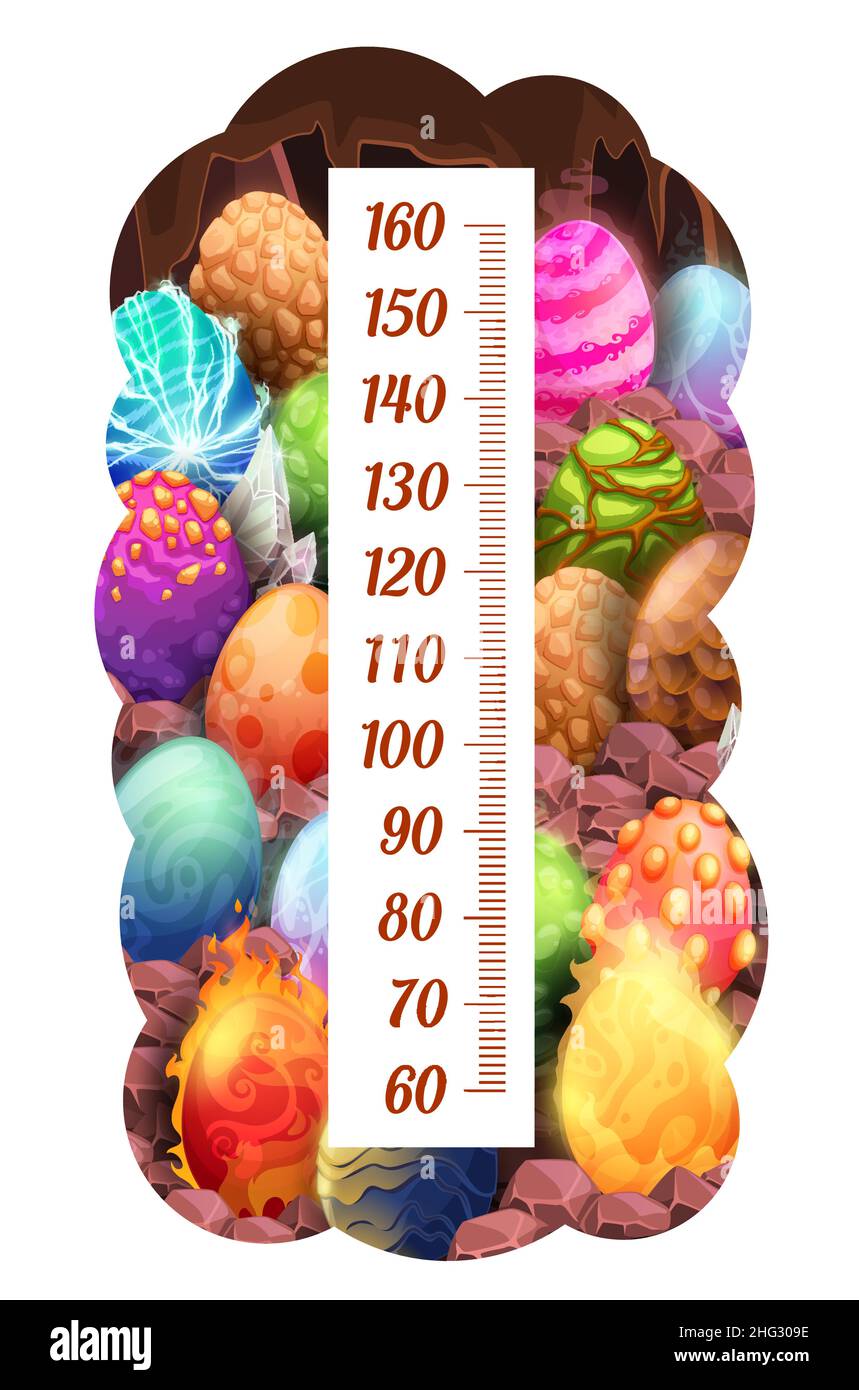 Kids height chart with cartoon dinosaur or dragon eggs in cave. Growth ...