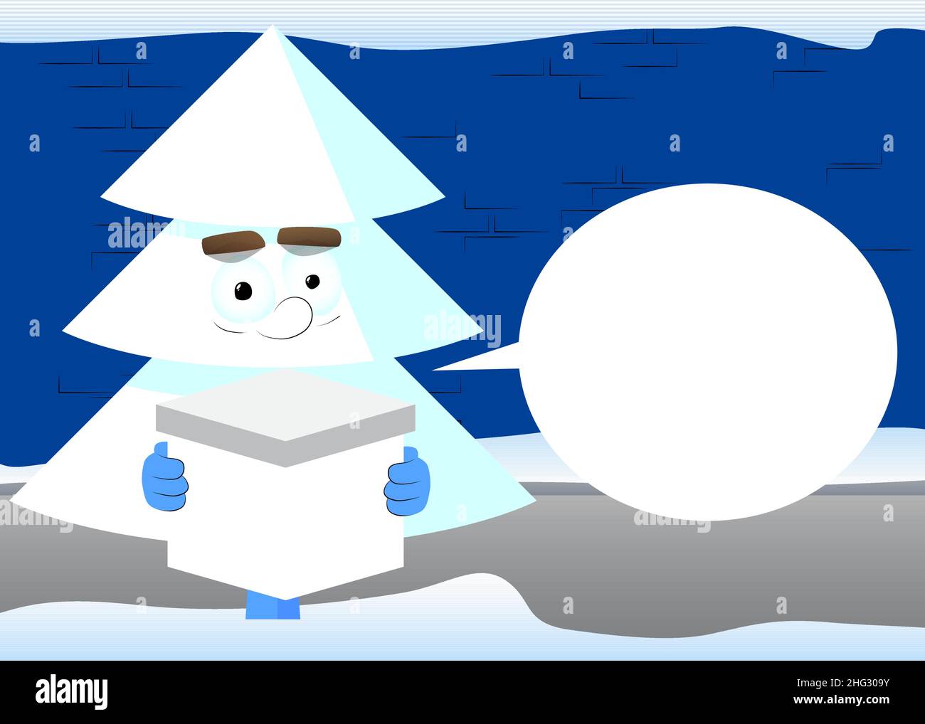 Cartoon winter pine trees with faces holding white box. Cute forest ...