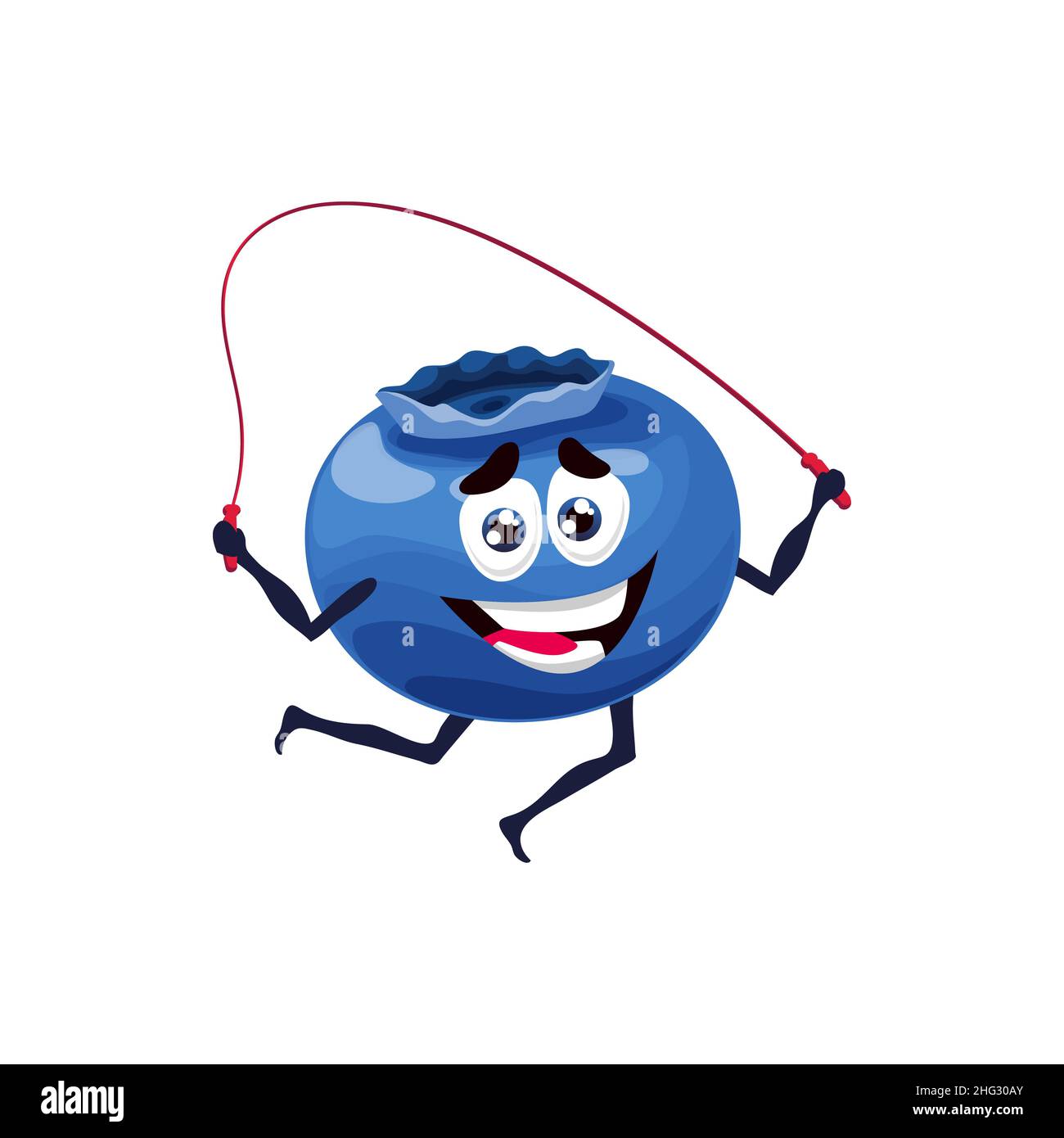 Cartoon blueberry character jumping on rope. Comic ripe berry personage ...