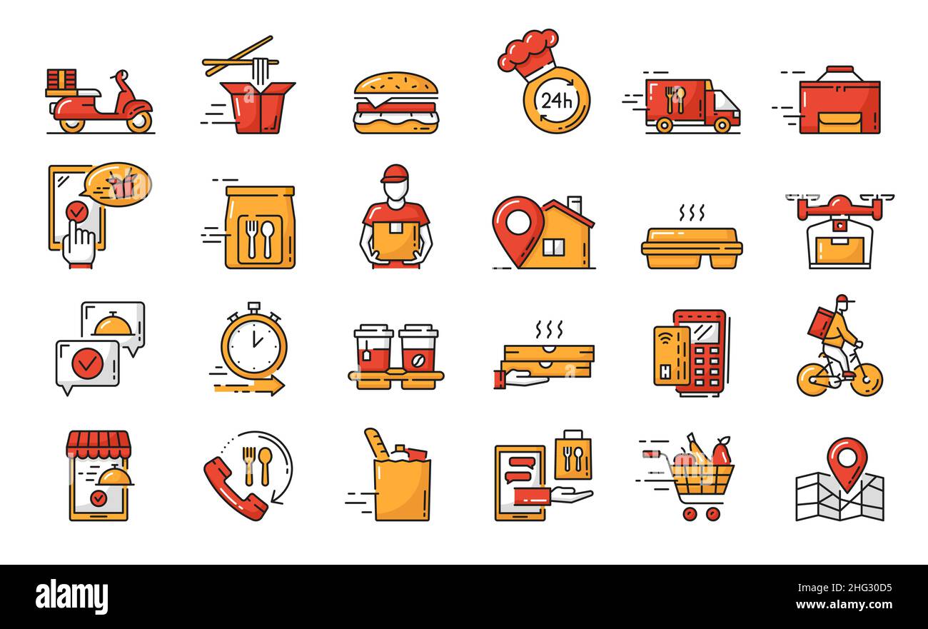 Fast food order and delivery line icons with drone, car, bike and ...