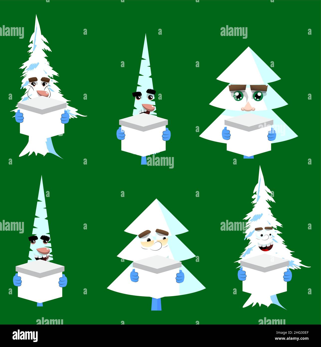 Cartoon winter pine trees with faces holding white box. Cute forest ...