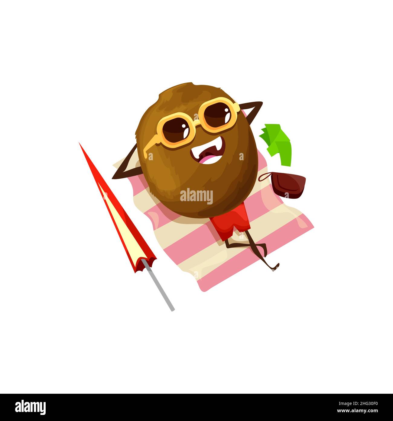 Coconut resting on towel at beach isolated funny cartoon character ...