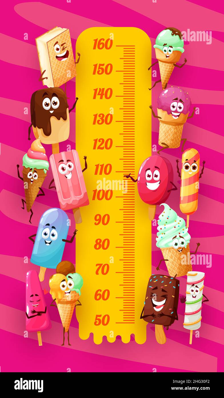 Ice cream dessert characters on kids height chart. Child growth vector ...