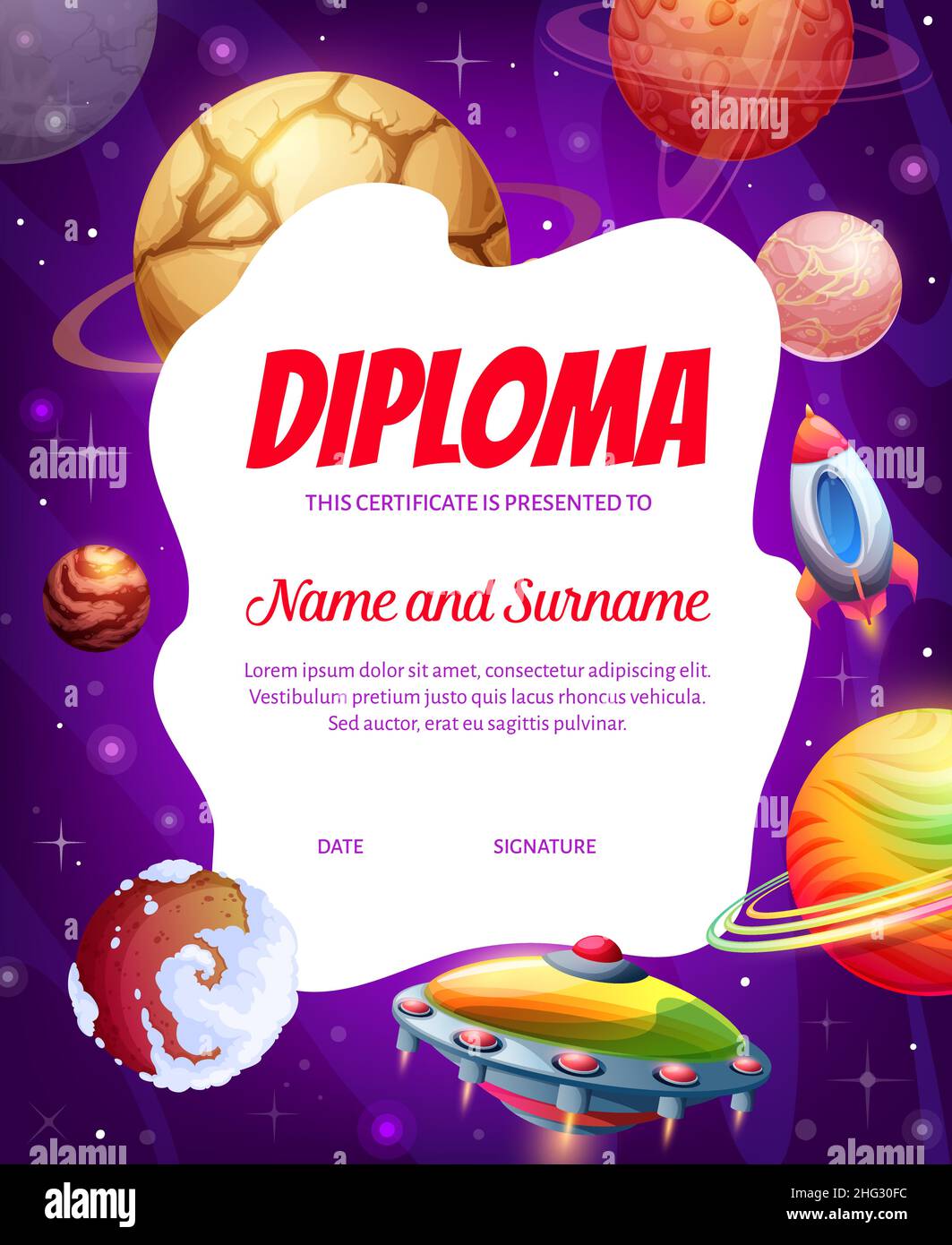 Kids diploma, alien UFO in galaxy space planets and rockets, vector ...