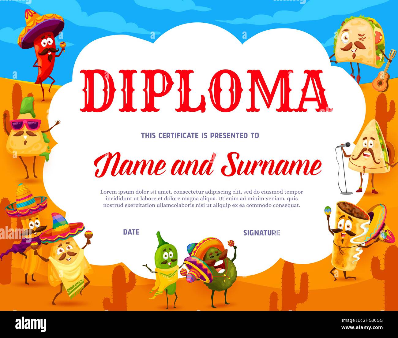 Kids diploma. Cartoon mexican tacos, burrito, quesadilla and nachos ...