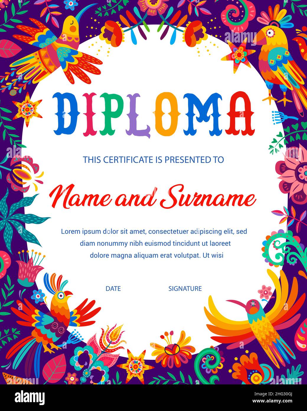 Kids diploma. Mexican hummingbird, parrot and vector floral ...