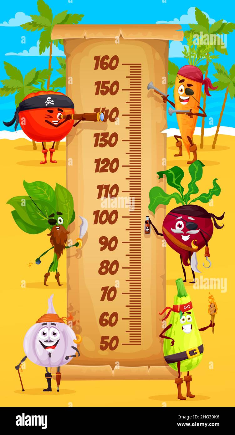 Cartoon funny pirate vegetables kids height chart, vector growth ...