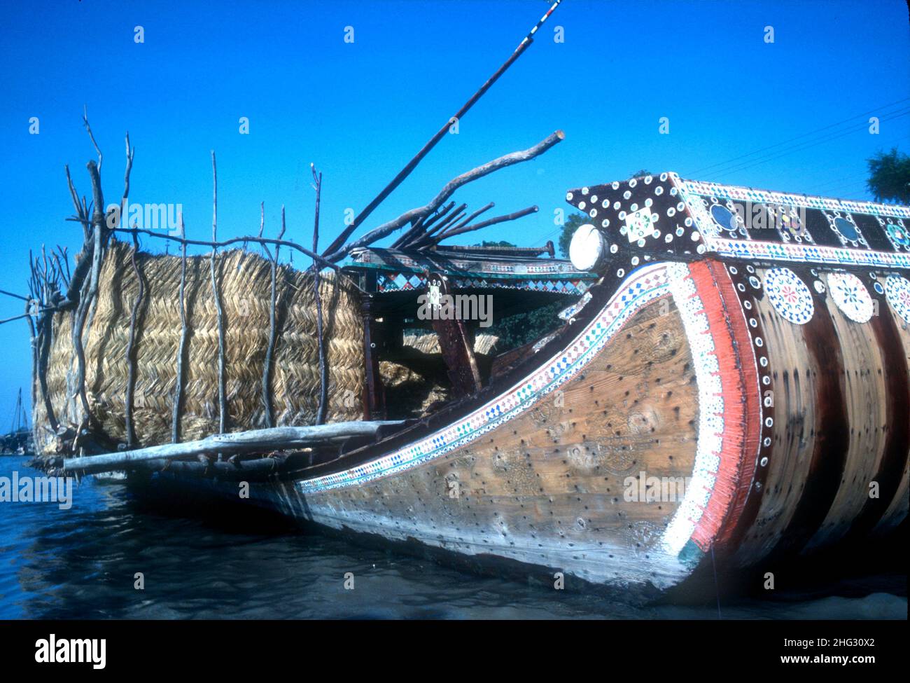 Traditional Indus river boat used to carry wood fuel, Sukkur, Sindh ...