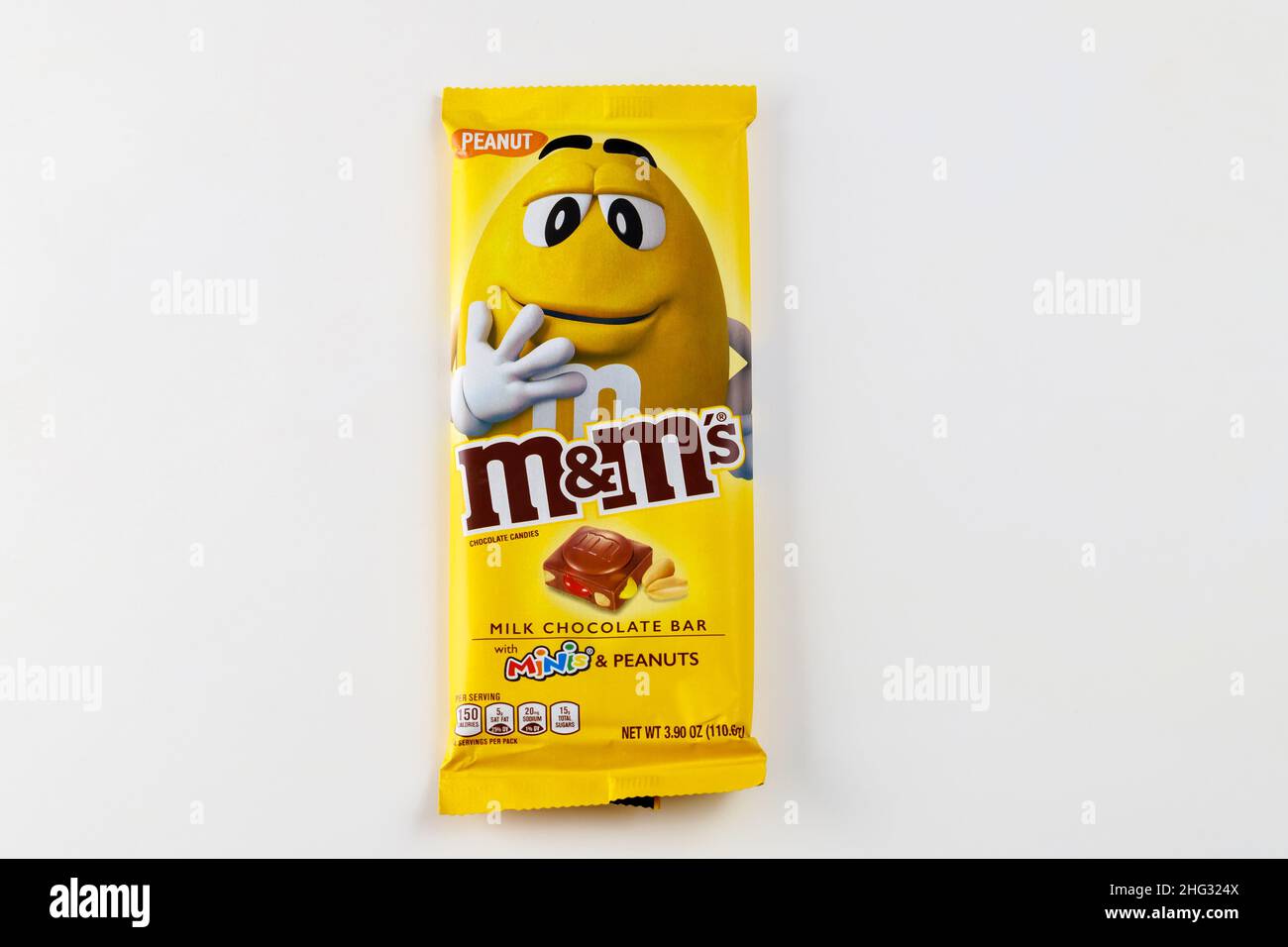 May 4, 2021. New York, US. MMs milk chocolate bar with peanut isolated ...