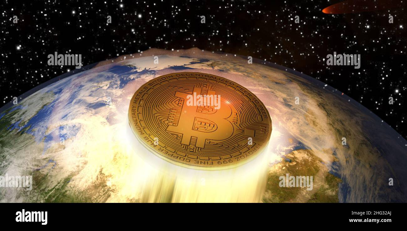 A 3D illustration of a Bitcoin blasting off from the Earth. The image ...