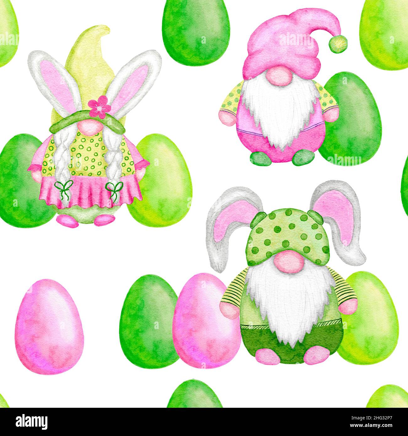 Watercolor hand drawn seamless pattern with Easter pink and green ...