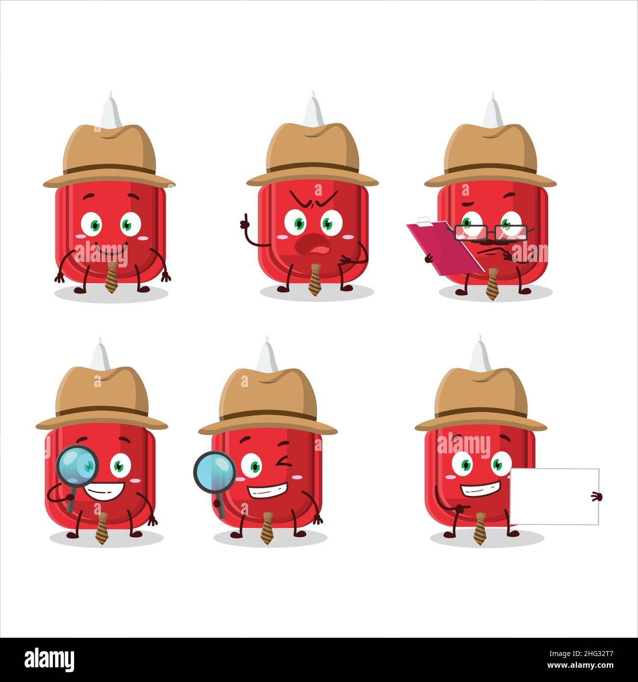 Detective red correction pen cute cartoon character holding magnifying ...