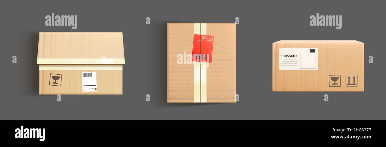 Cardboard boxes mockup, 3d vector cargo and parcel packages top, front and bottom view with tape ...