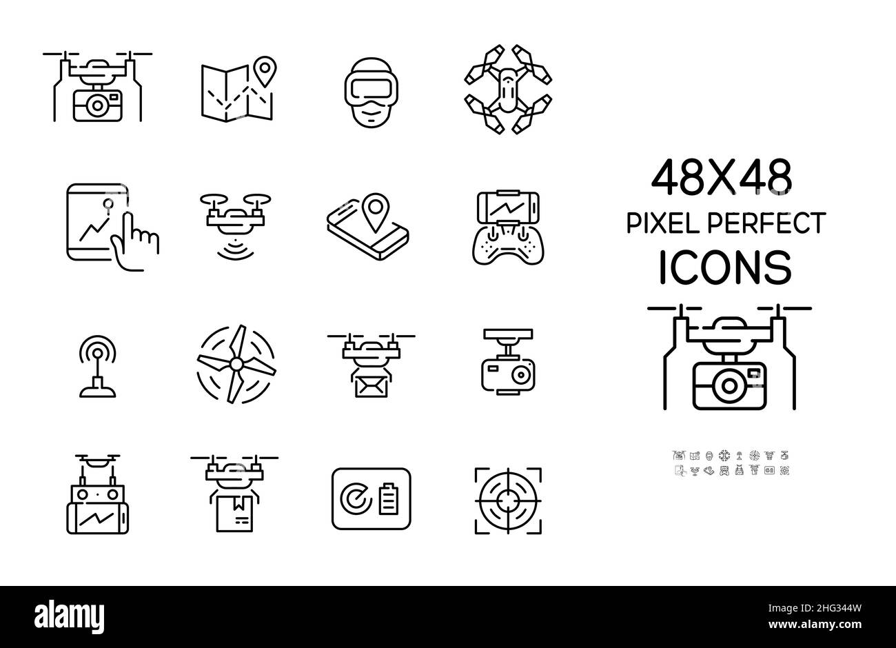 Set of drone related icons. Camera mounts, controller, front view and ...