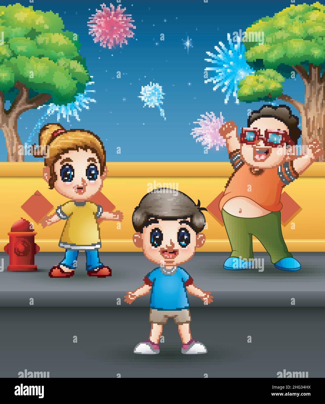 Happy children playing with firework landscape in the sky Stock Vector ...