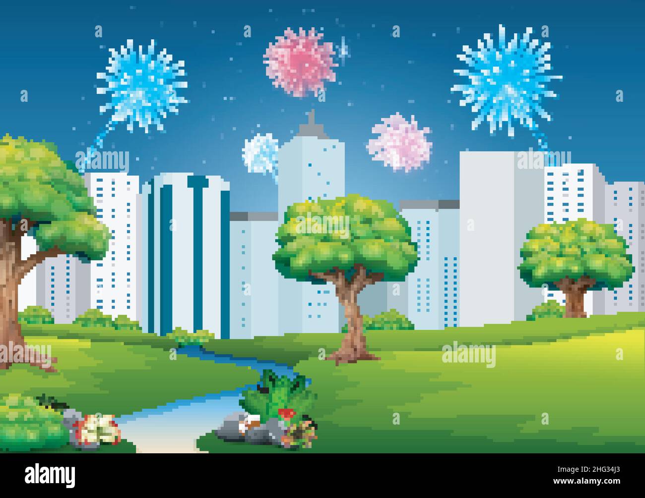 Beautiful garden with cityscape building and fireworks background Stock ...