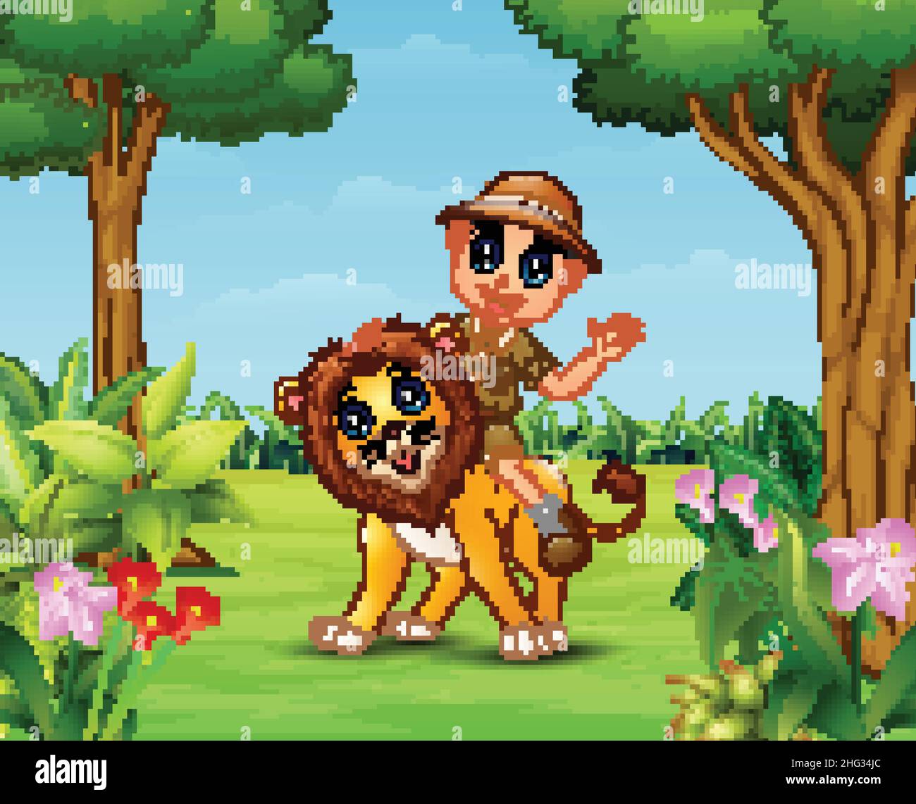 Happy zookeeper boy and lion in a beautiful garden Stock Vector Image ...