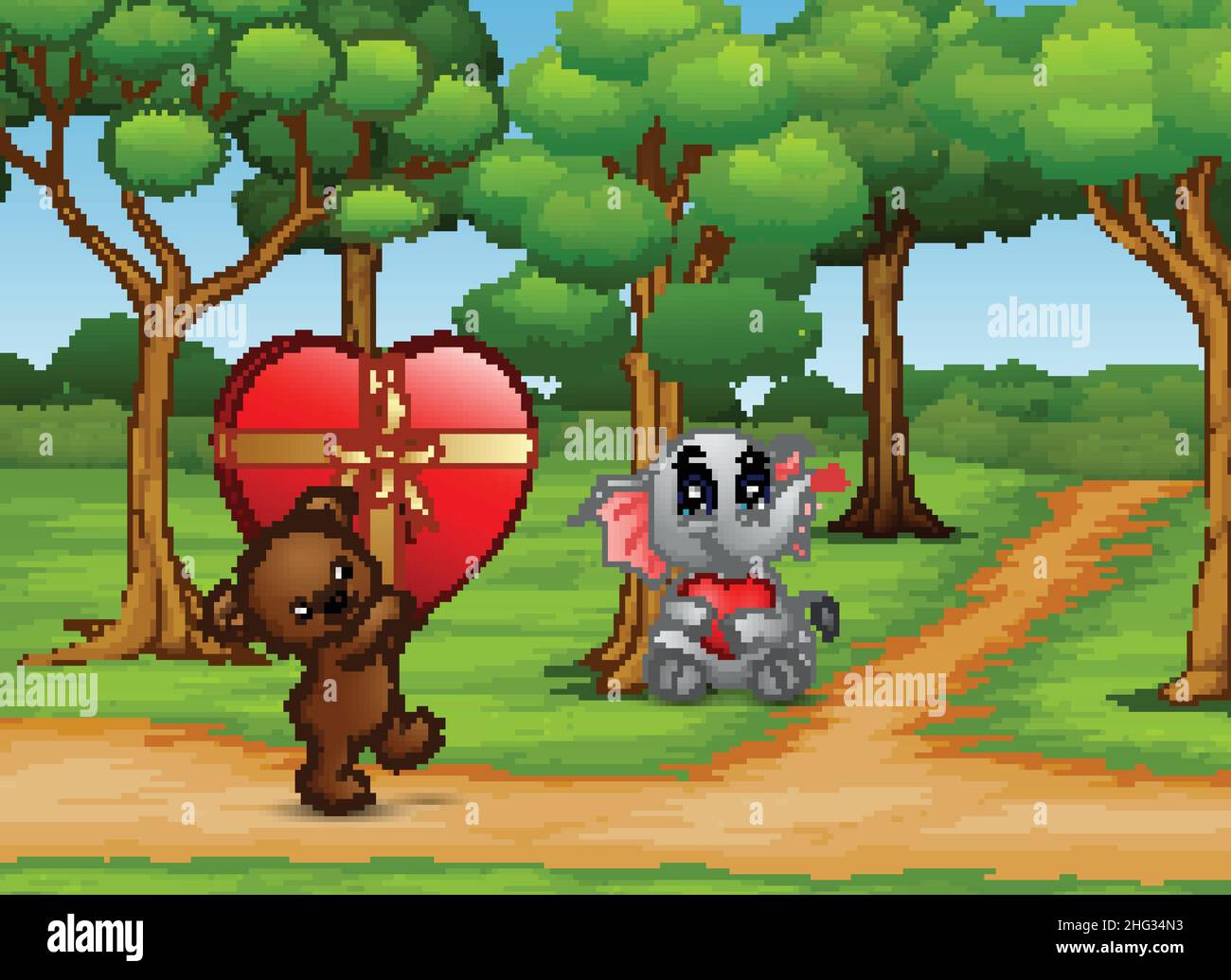 Cartoon of Teddy bear and baby elephant carrying a red heart Stock ...