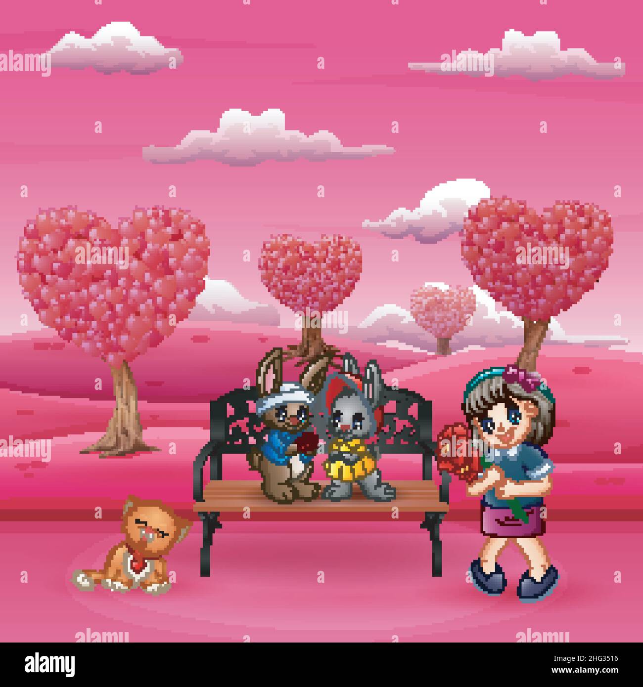 Cartoon girls carry flowers for rabbit couple Stock Vector Image & Art ...