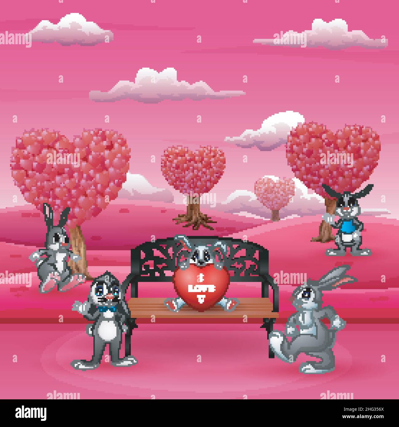 Cartoon a group of rabbit in the beautiful pink field Stock Vector ...