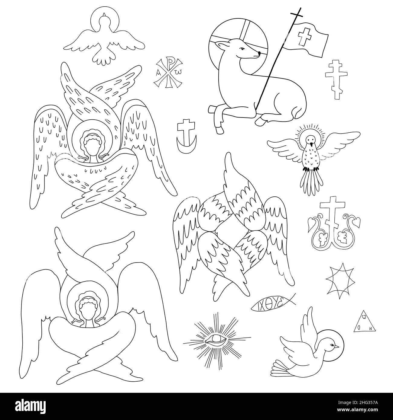 Religious symbols set. Seraphim, cherub six-winged angel, dove - Holy ...