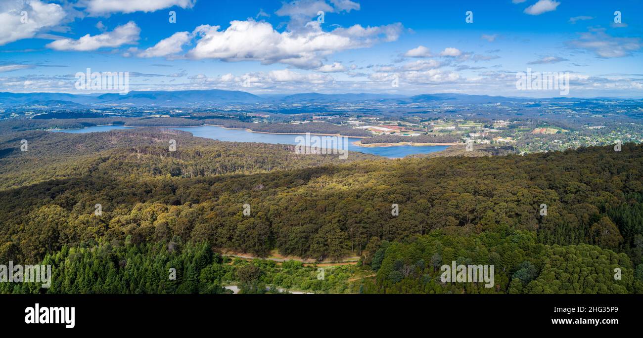 Aerial panoramic view of forest and Silvan Reservoir in Melbourne ...