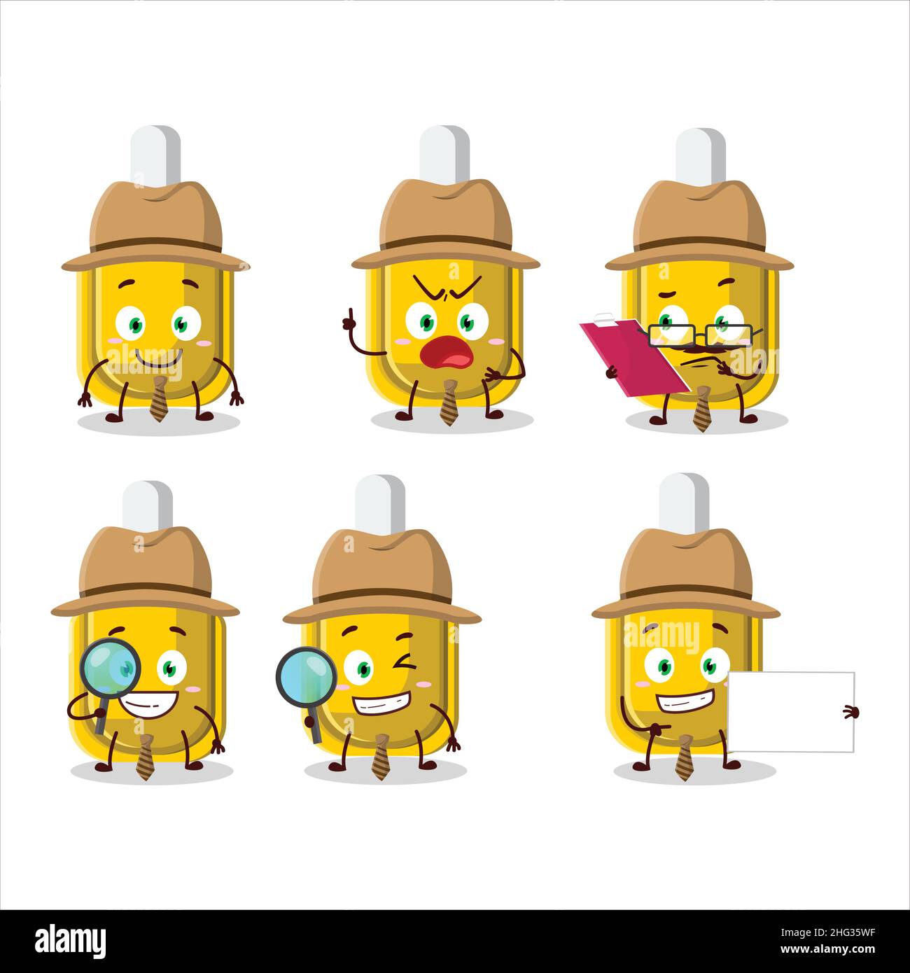 Detective yellow correction pen cute cartoon character holding ...
