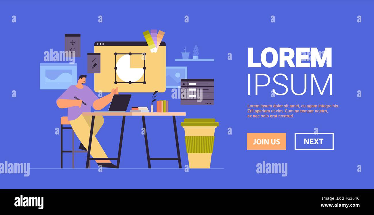 designer drawing with pen in graphic editor on laptop man creating website user interface ...