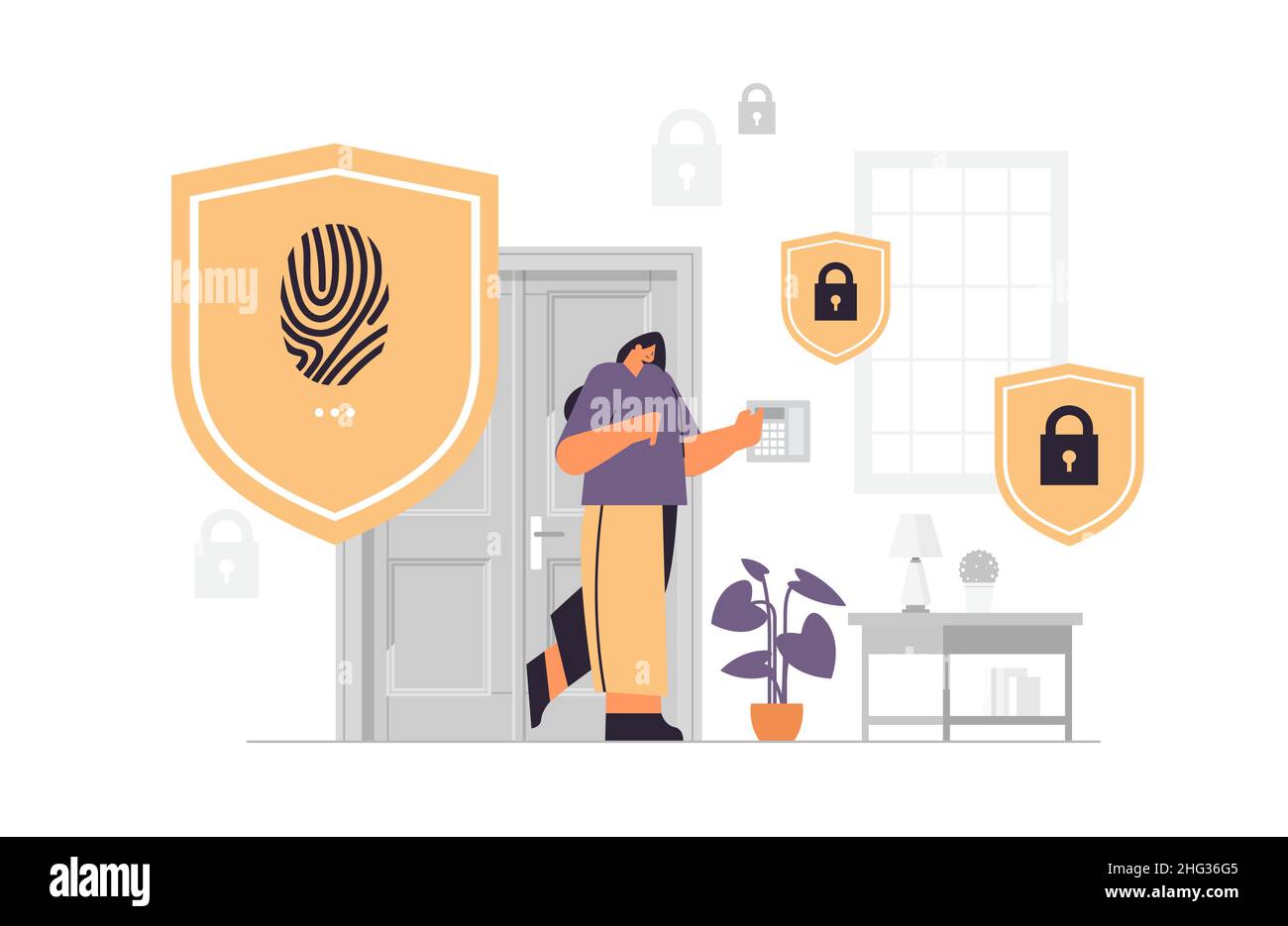 woman touching fingerprint scanner girl controlling smart home devices ...