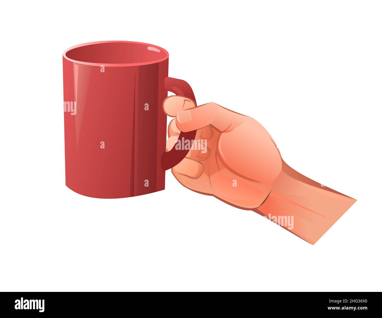 Left hand with regular red mug for coffee and drinks. Object isolated ...
