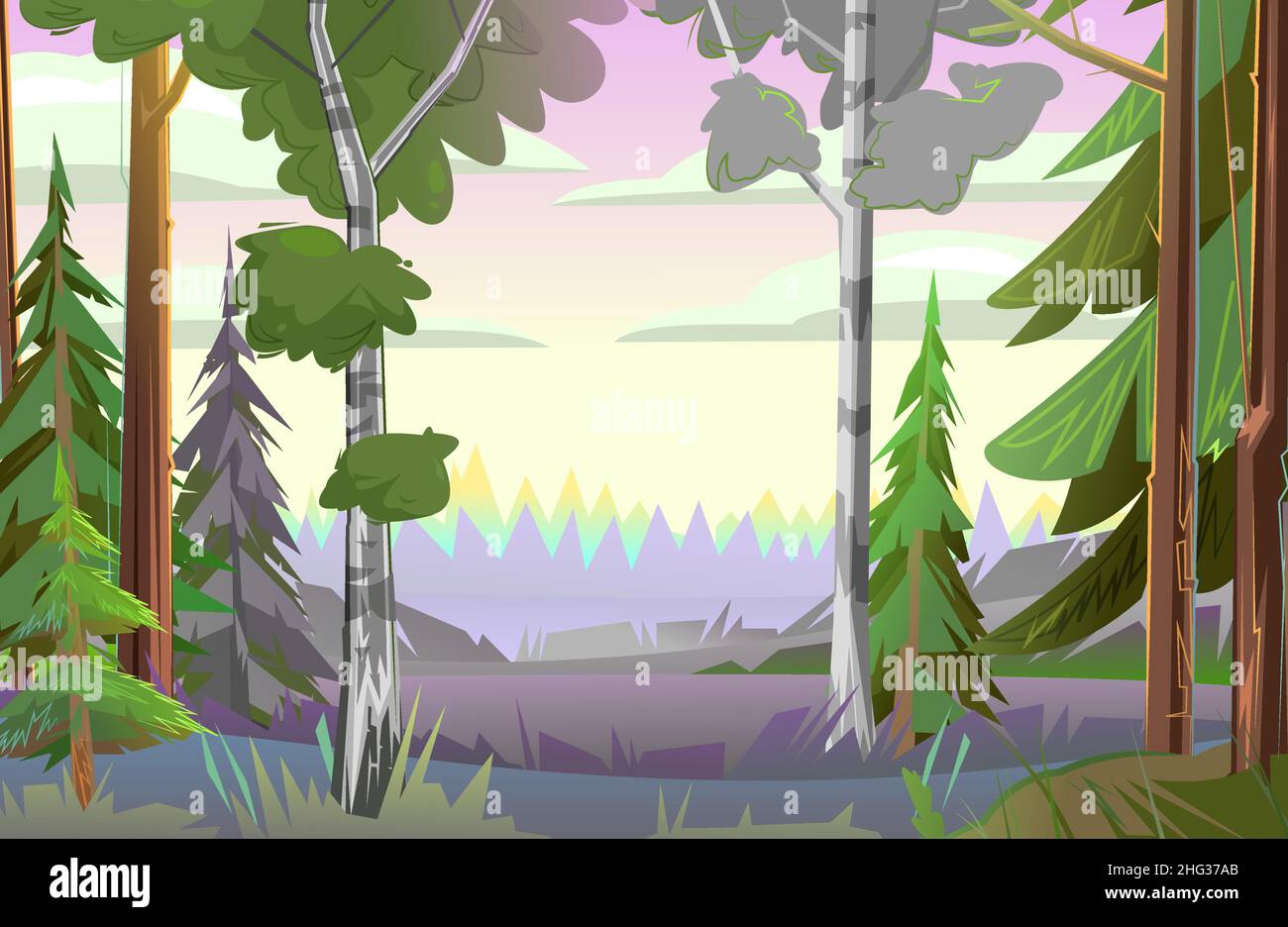 Pines in morning mist Stock Vector Images - Alamy