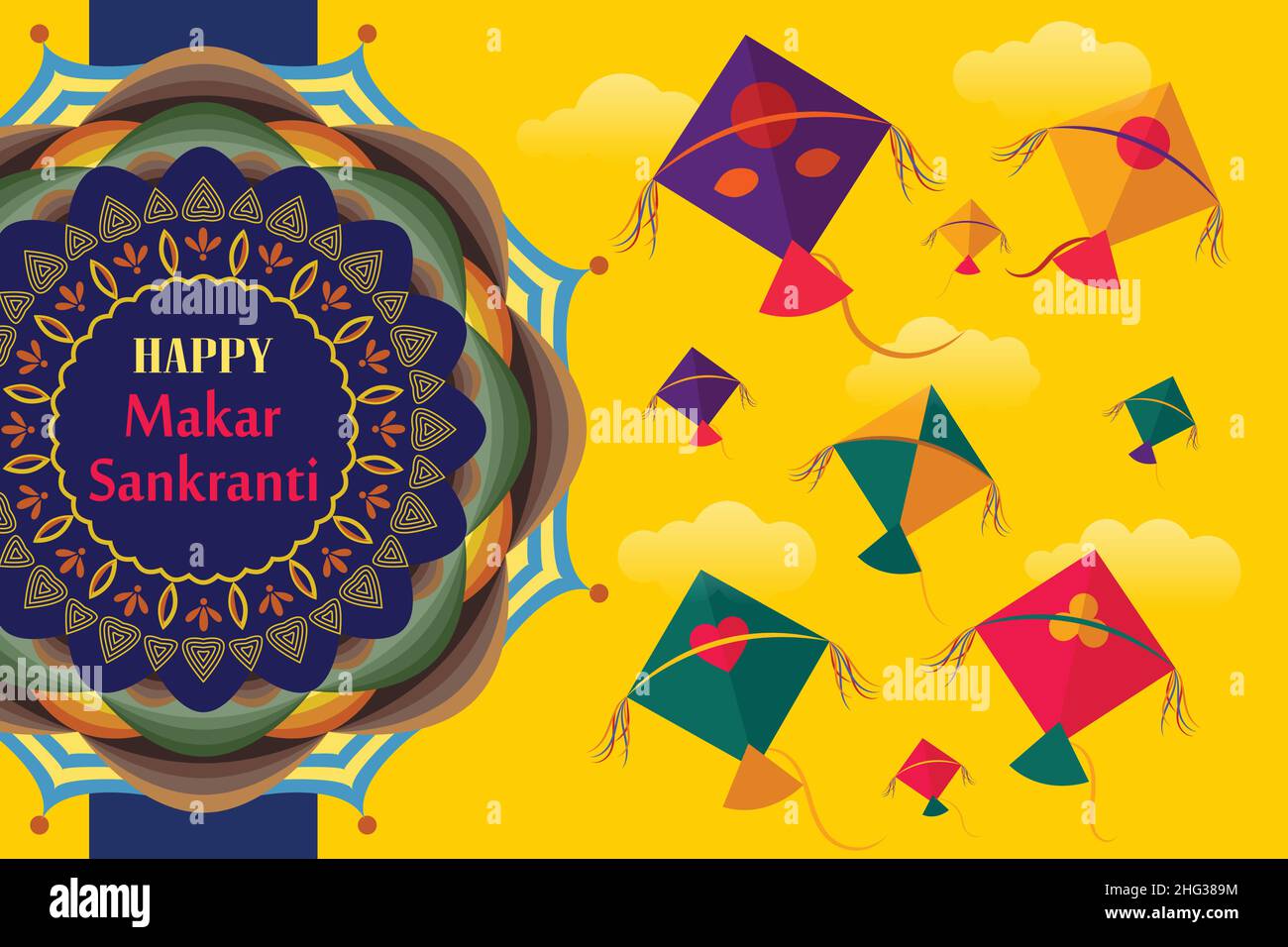 Happy Makar Sankranti vector illustration. Flying colorful kites in sky ...