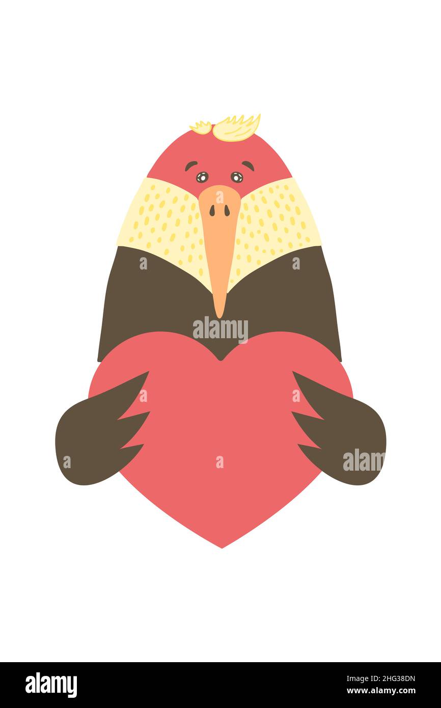 Cute cartoon woodpecker pecker bird holds a heart sign with copy space ...