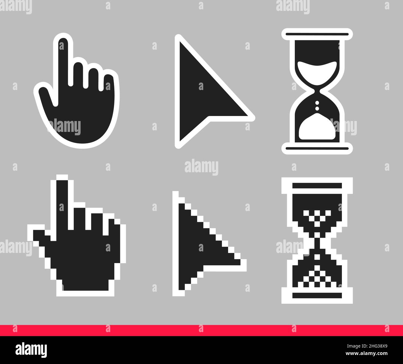 Pointer hand, arrow and hourglass loading clock mouse cursors Stock ...