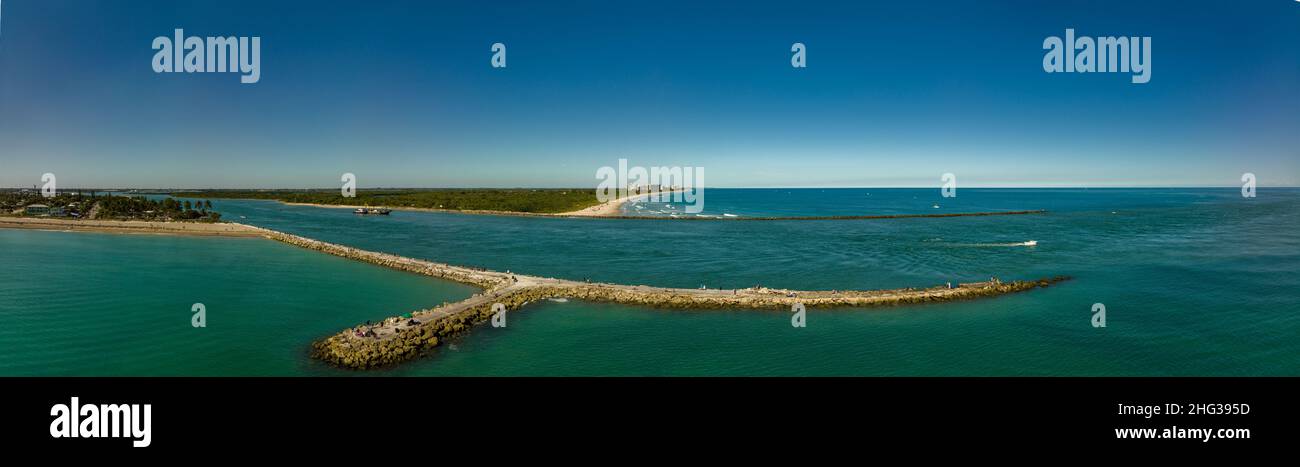 Aerial panorama Fort Pierce Florida inlet jetty Stock Photo - Alamy
