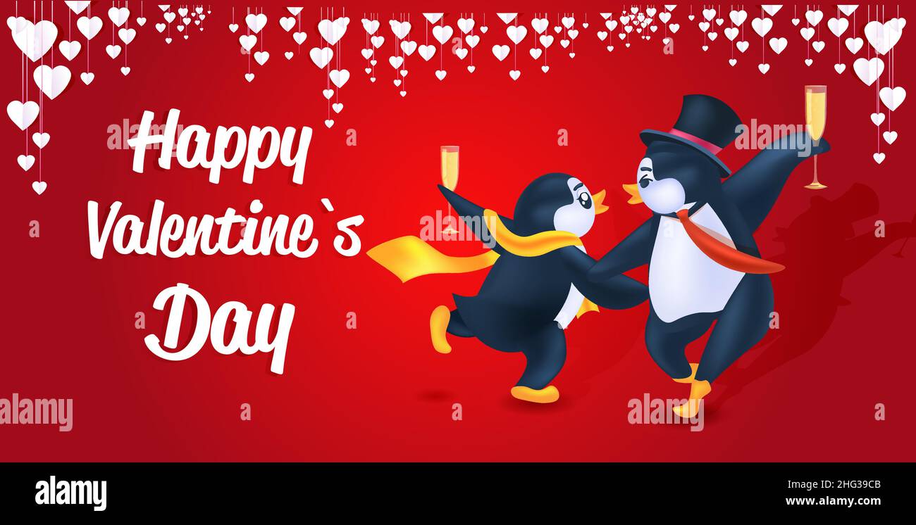 cute penguins couple celebrating happy valentines day antarctic birds ...