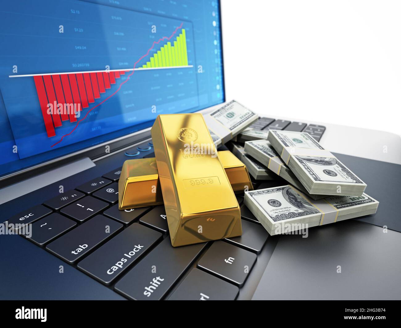 Gold ingots and money pile on laptop computer. 3D illustration Stock ...