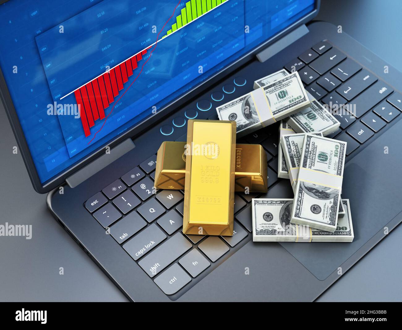 Gold ingots and money pile on laptop computer. 3D illustration Stock ...