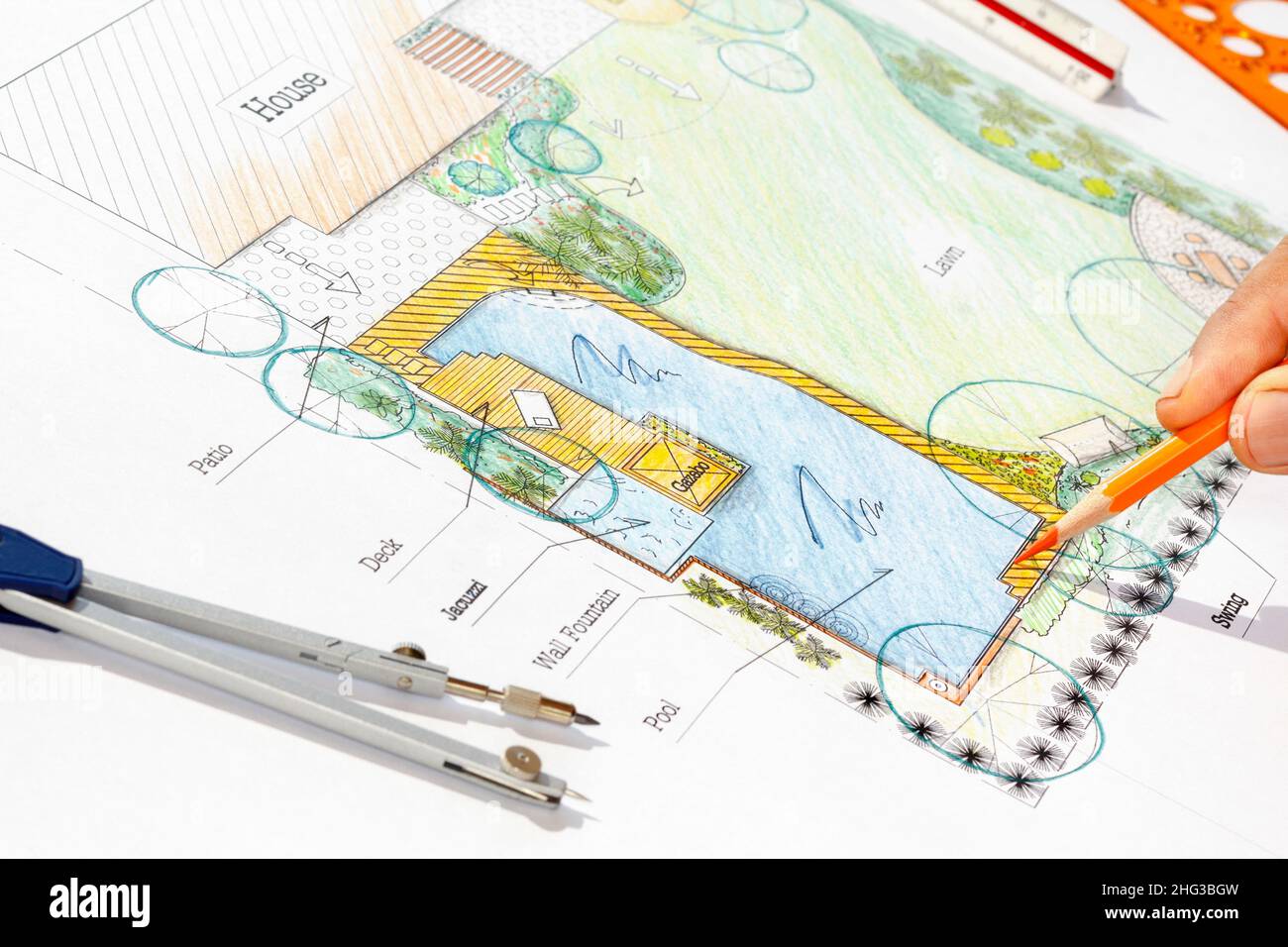 Backyard garden design plan Stock Photo - Alamy