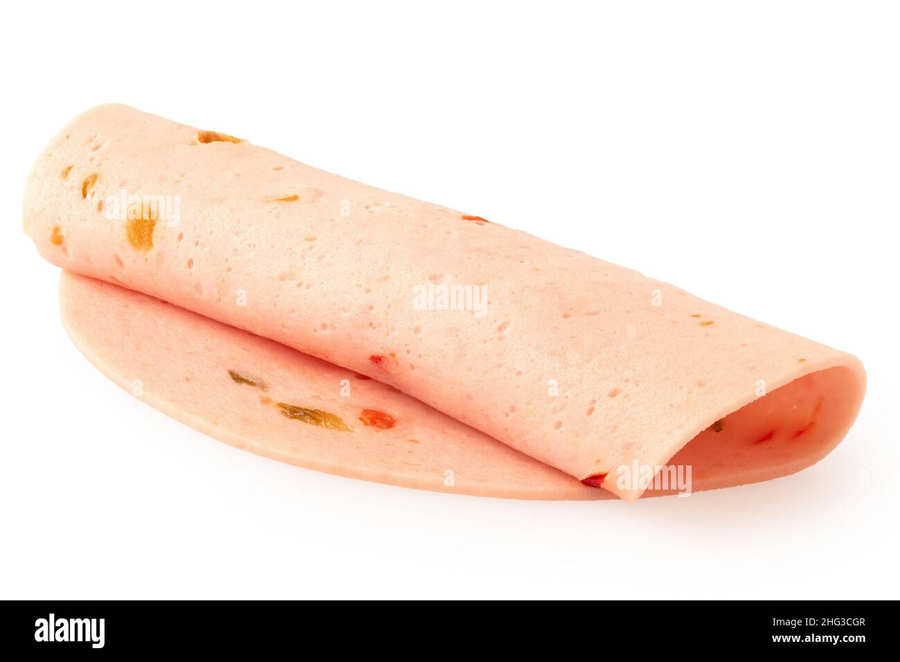 Rolled up slice of paprika lyoner ham isolated on white Stock Photo - Alamy